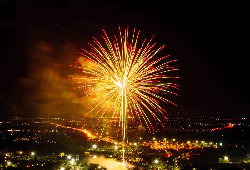 Fireworks on Night City Background Stock Image - Image of fire ...
