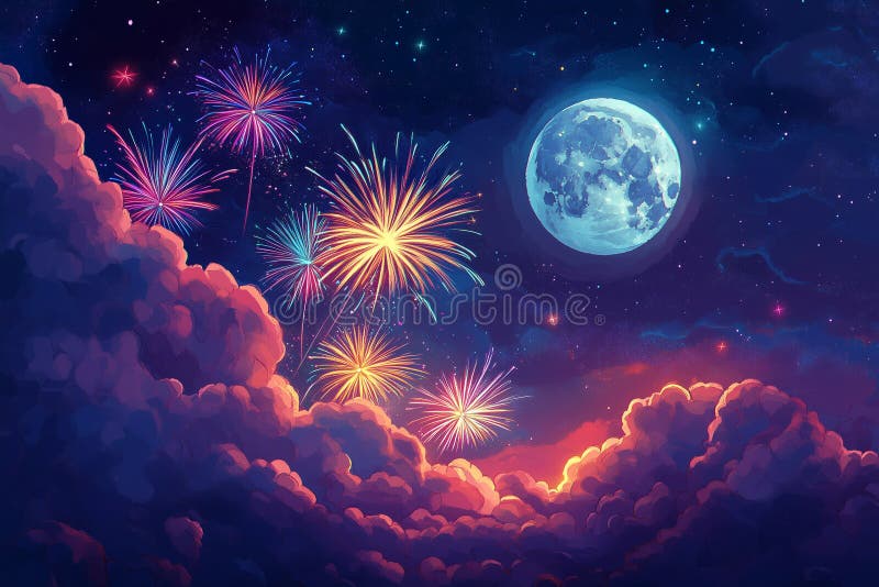 Fireworks on Night Sky with Cloud and Moon. by Generative Ai Stock ...