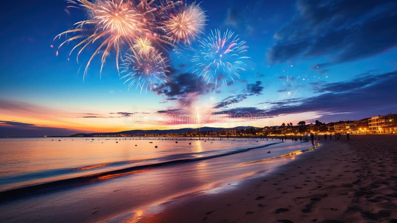 Fireworks Over Beach at Sunset Stock Image - Image of sparkle, firework ...