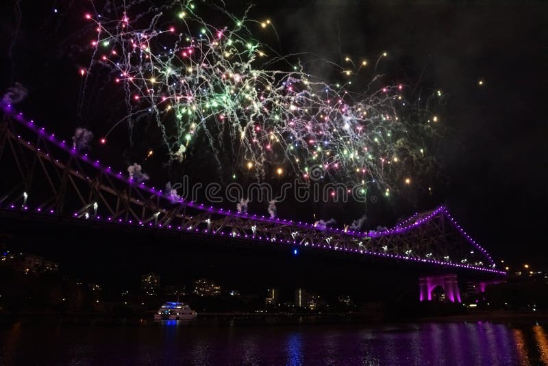 Fireworks over the bridge stock photo. Image of pyromatic - 60035044