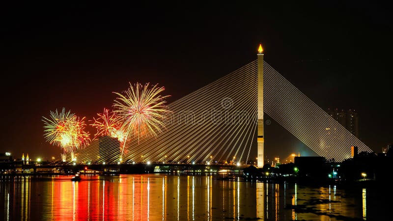 Fireworks over the bridge stock image. Image of celebrate - 64510875