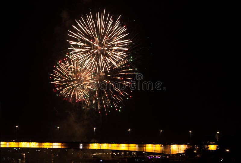 Fireworks over bridge stock photo. Image of night, celebrate - 135998244