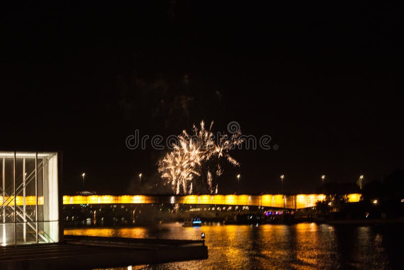 Fireworks over bridge stock image. Image of fire, fireworks - 135997881