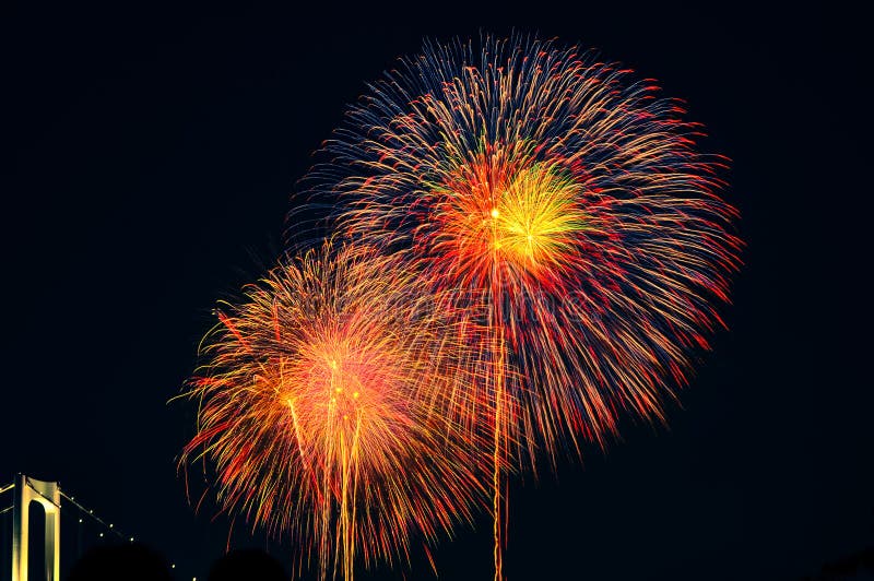 Fireworks Over the Bridge in Night Sky Stock Image - Image of festival ...