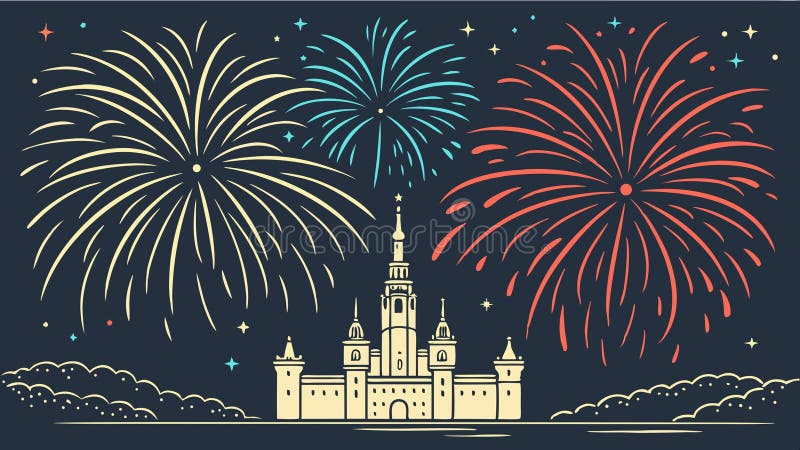 Fireworks Over Castle Silhouette, Festive Celebration Scene Vector ...