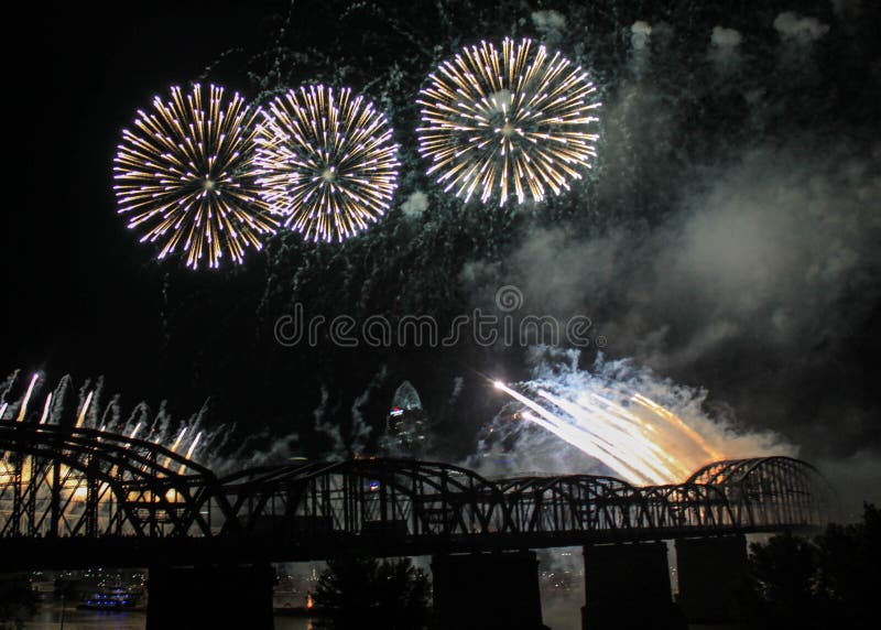 Fireworks Over the Cincinnati Skyline and Railway Bridge Stock Image ...