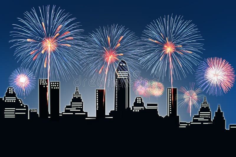 Fireworks over the city stock illustration. Illustration of celebration ...