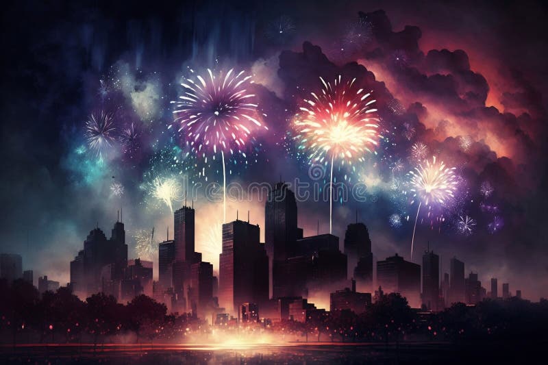 Fireworks Over the City, Cityscape with Fireworks Display Stock ...