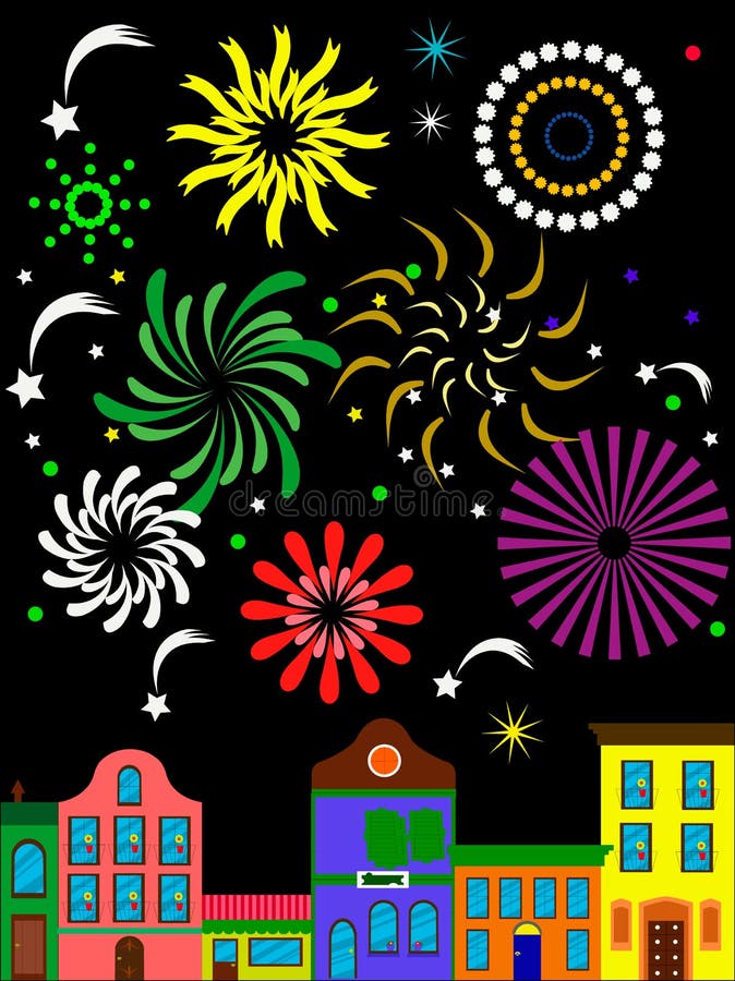 Fireworks over the city stock illustration. Illustration of light ...