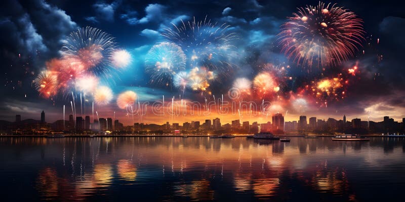 Fireworks Over the City at Night Stock Illustration - Illustration of ...
