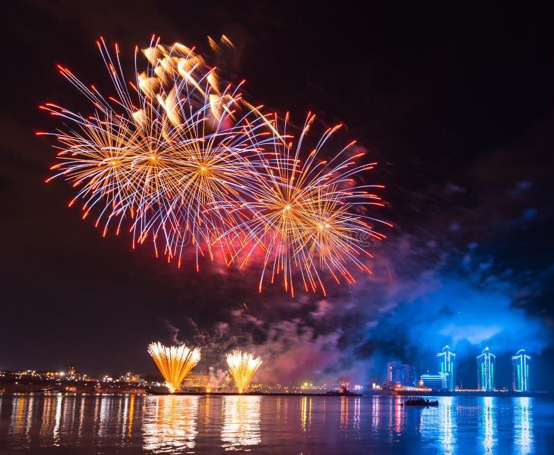 Fireworks over city stock photo. Image of explosion, decorate - 65004090