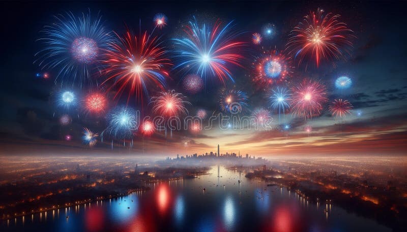 Fireworks Over the City Skyline. Stock Image - Image of patriotic ...