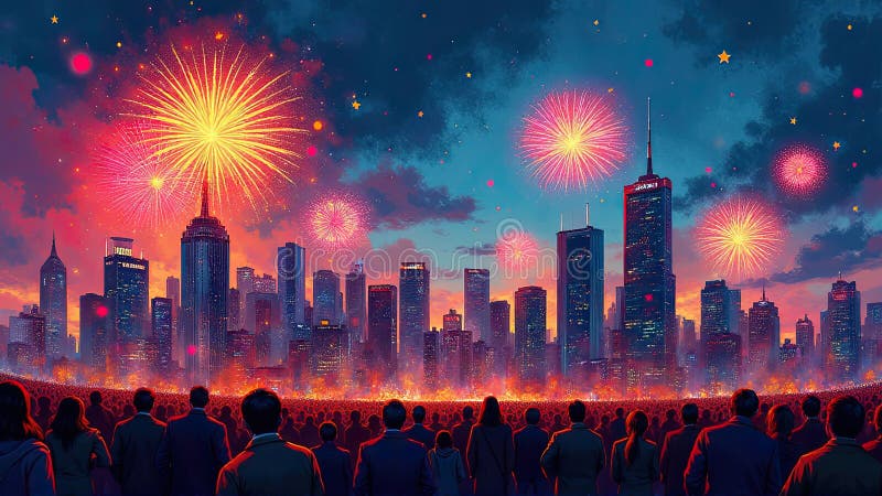 Fireworks Over City Skyline Stock Illustration - Illustration of scene ...