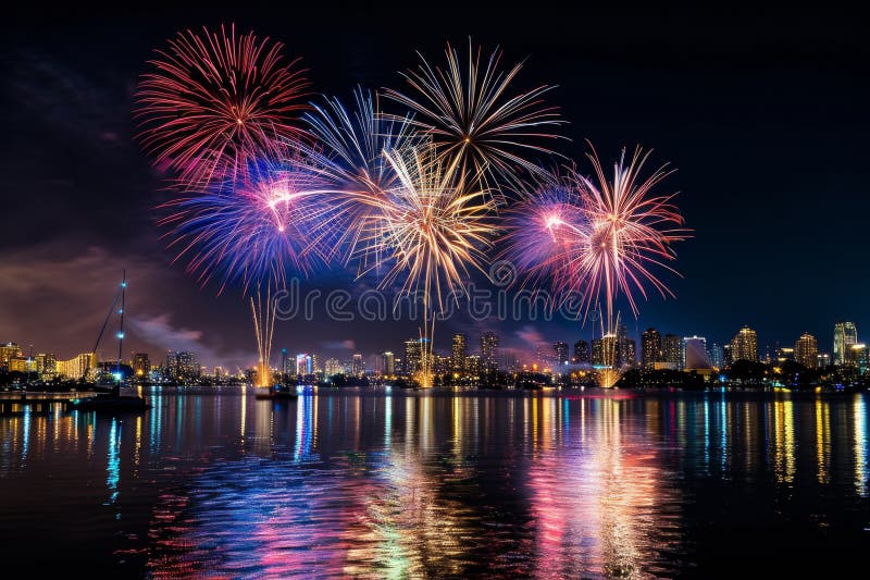 Fireworks Over a City Skyline at Night Festive Celebration Scene Stock ...