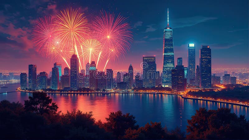 Fireworks Over City Skyline at Night Stock Illustration - Illustration ...