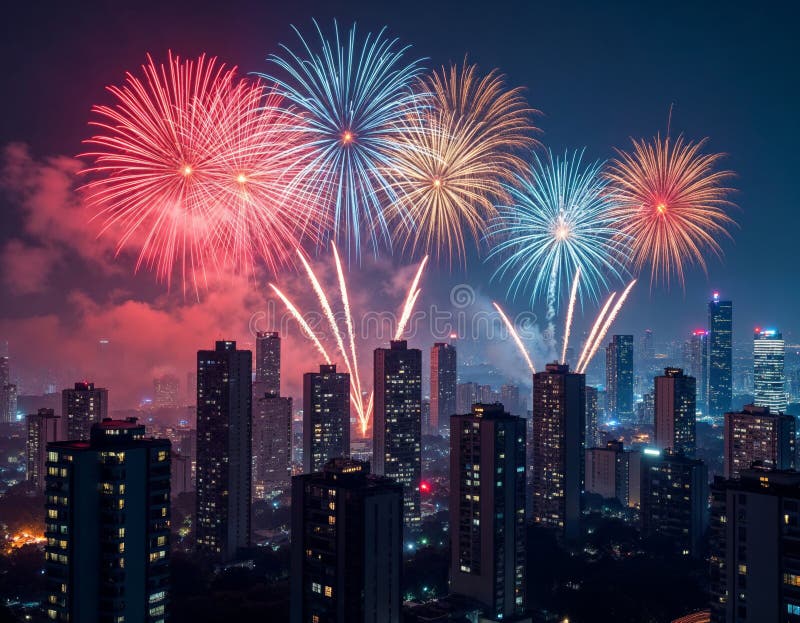 Fireworks Over City Skyline at Night with Tall Buildings in the ...
