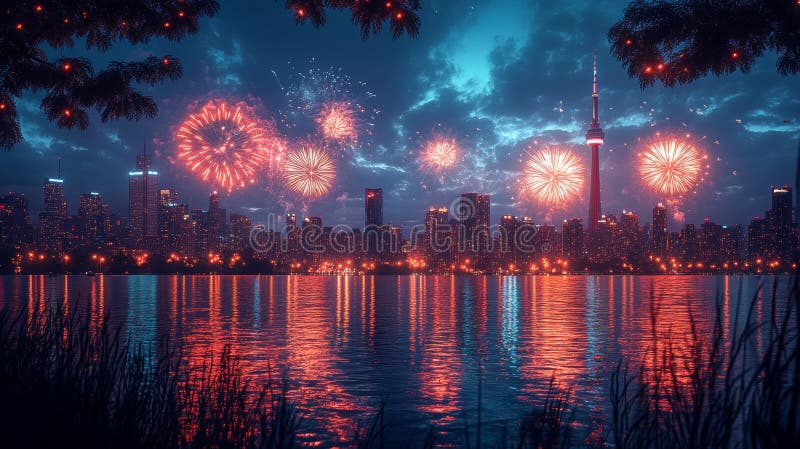Fireworks Over City Skyline Reflected in Water Stock Illustration ...