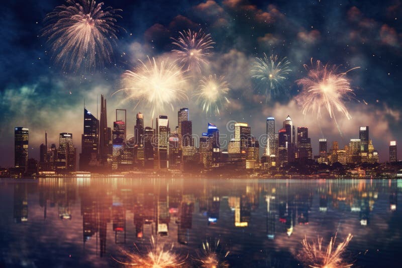 Fireworks over the city stock illustration. Illustration of display ...
