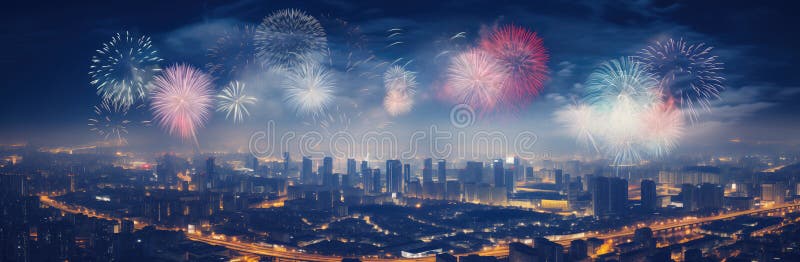Fireworks Over the Cityscape at Night, Panoramic View Stock ...