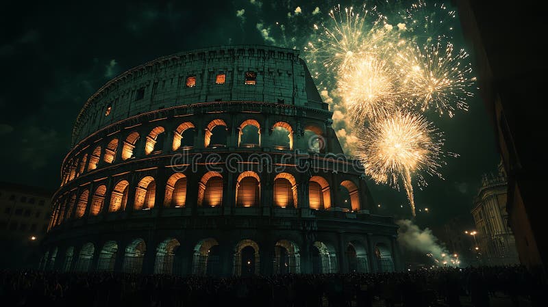 Fireworks Over the Colosseum in Rome at Night Stock Image - Image of ...