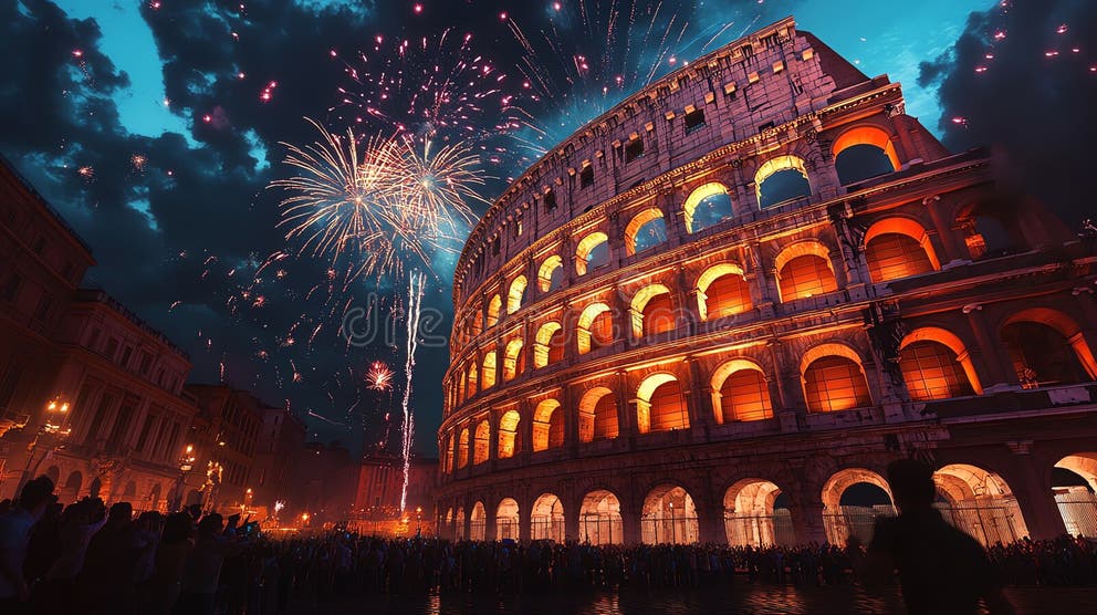 Fireworks Over the Colosseum in Rome at Night Stock Image - Image of ...