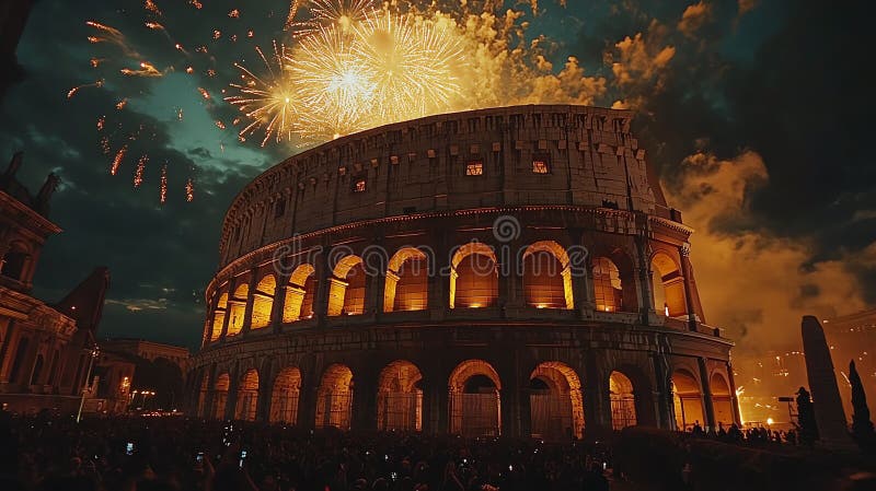 Fireworks Over the Colosseum in Rome at Night Stock Photo - Image of ...