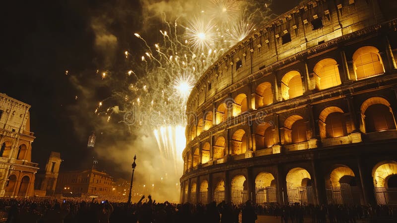 Fireworks Over the Colosseum in Rome at Night Stock Photo - Image of ...