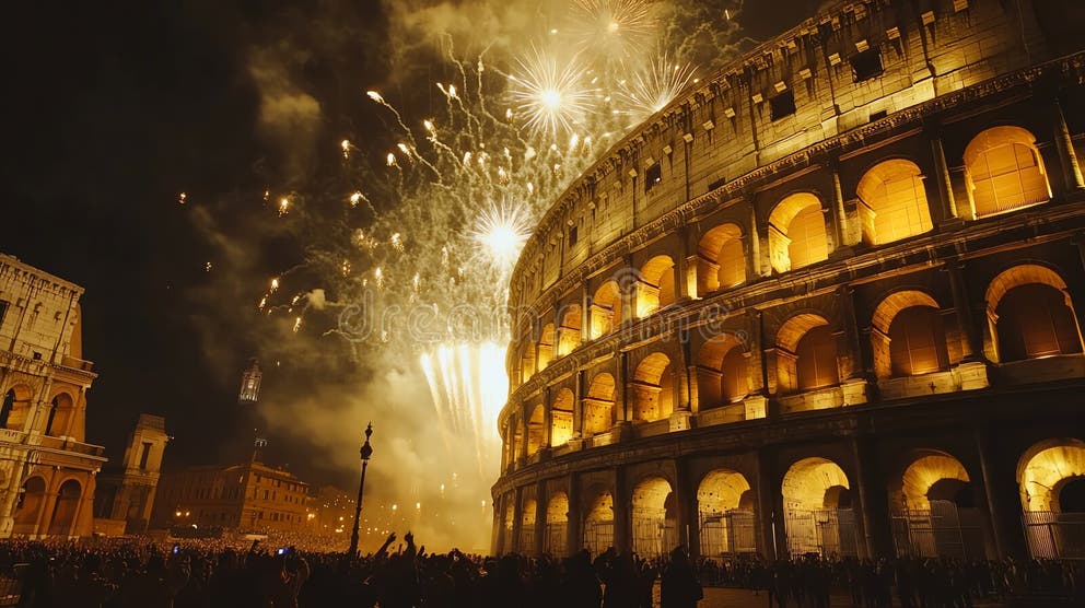 Fireworks Over the Colosseum in Rome at Night Stock Photo - Image of ...