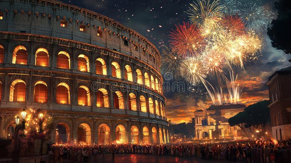 Fireworks Over the Colosseum in Rome at Night Stock Image - Image of ...