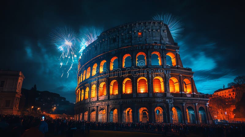 Fireworks Over the Colosseum in Rome at Night Stock Image - Image of ...