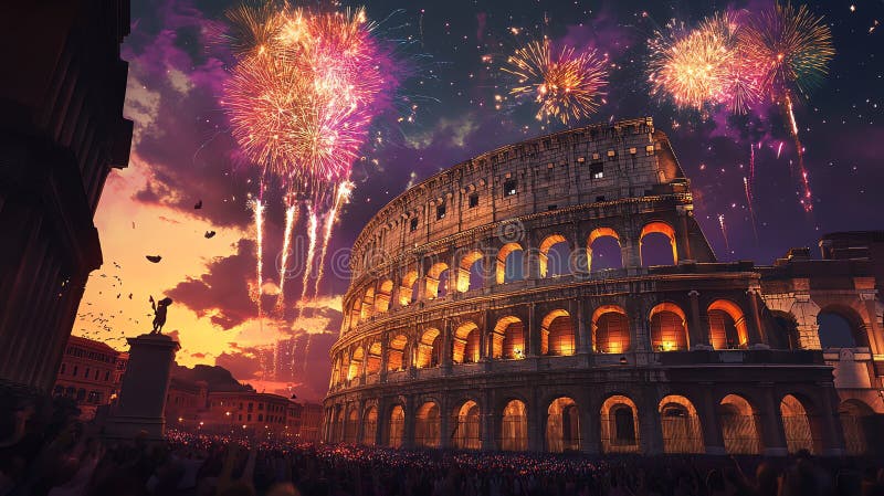 Fireworks Over the Colosseum in Rome at Night Stock Image - Image of ...