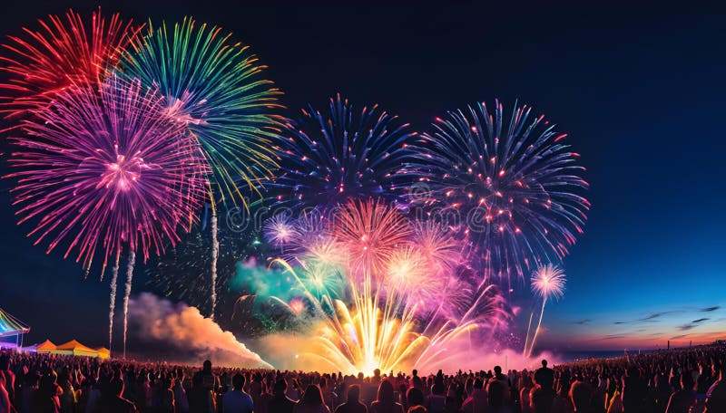 Fireworks Over a Crowd of People Stock Image - Image of concert ...