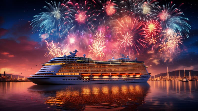 The Fireworks Over the Cruise Ship Reflected Off the Water, Creating a ...