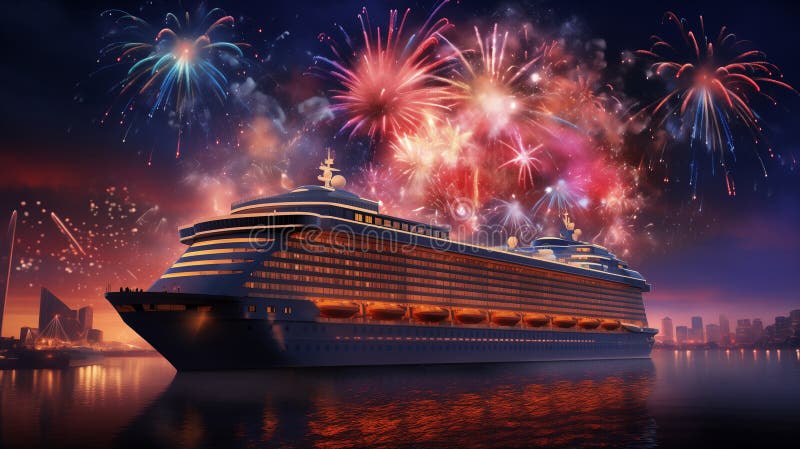 The Fireworks Over the Cruise Ship Reflected Off the Water, Creating a ...