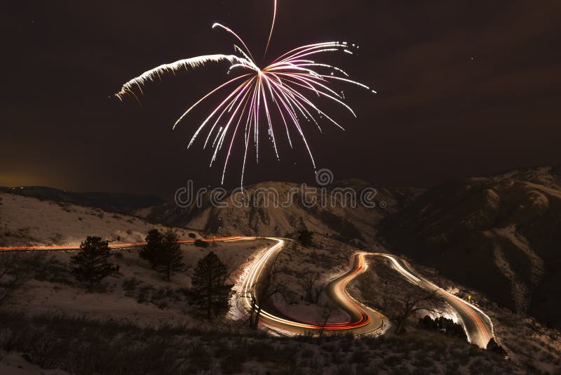 Fireworks Over a Curvy Mountain Road Stock Image - Image of ...