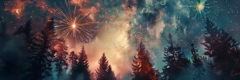 Fireworks Over a Forest at Night a Stunning Panorama of a Forest at ...