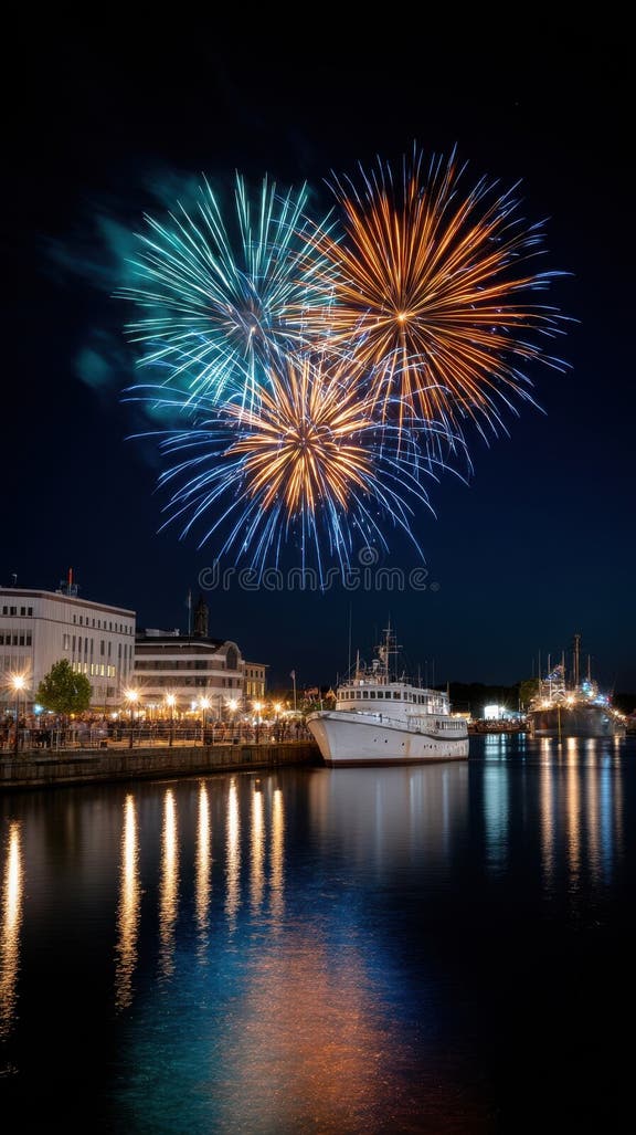 Fireworks Over Harbor with Boat and Reflected Lights Display at Night ...