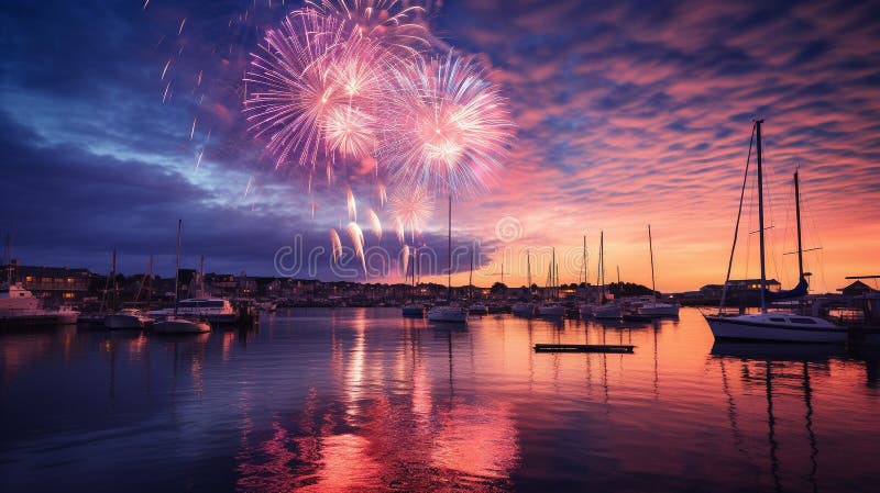 Fireworks Over the Harbor stock image. Image of fireworks - 298398545