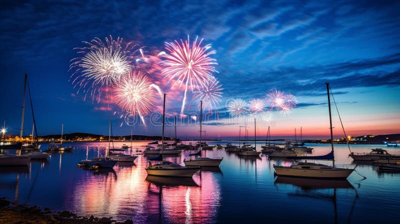 Fireworks Over the Harbor stock image. Image of colorful - 298398659