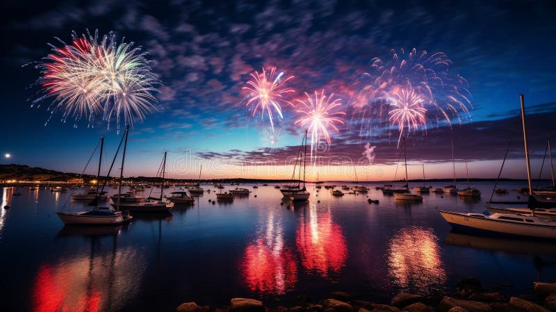 Fireworks Over the Harbor stock photo. Image of night - 298398988