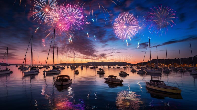 Fireworks Over the Harbor stock image. Image of stunning - 298399187