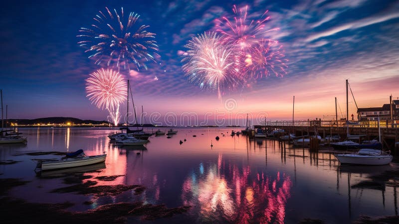 Fireworks Over the Harbor stock illustration. Illustration of ...