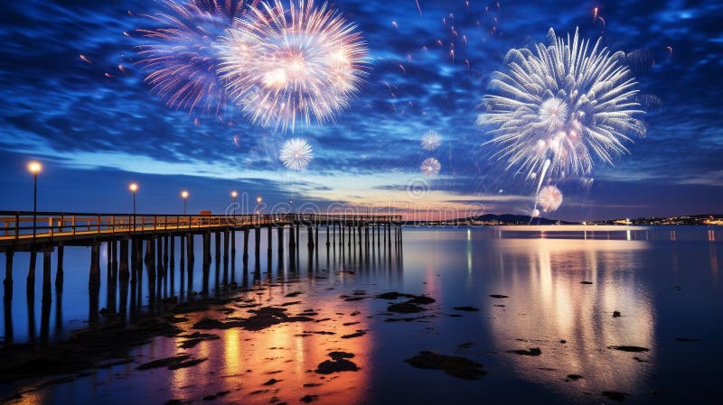 Fireworks Over the Harbor stock illustration. Illustration of ...