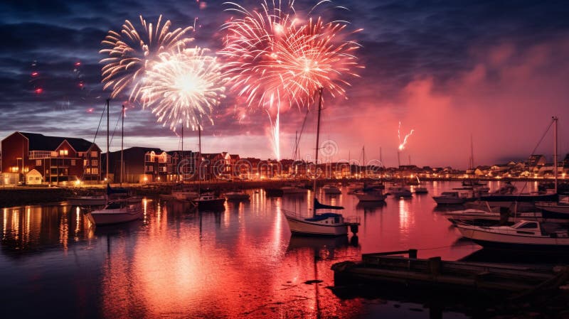 Fireworks Over the Harbor stock image. Image of stunning - 298398591
