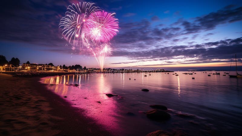 Fireworks Over the Harbor stock illustration. Illustration of sparkling ...