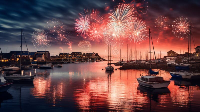 Fireworks Over the Harbor stock illustration. Illustration of dazzling ...
