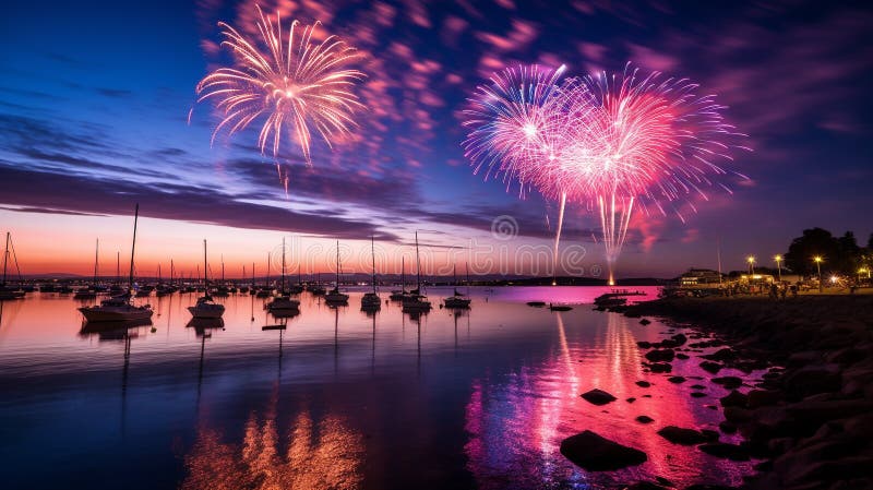 Fireworks Over the Harbor stock illustration. Illustration of night ...