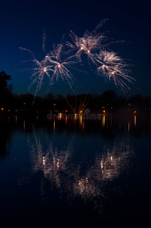 Fireworks over the lake stock image. Image of kyrkhult - 30805657