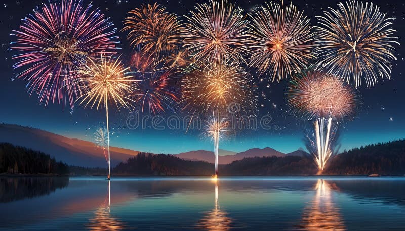 Fireworks over the Lake stock illustration. Illustration of light ...