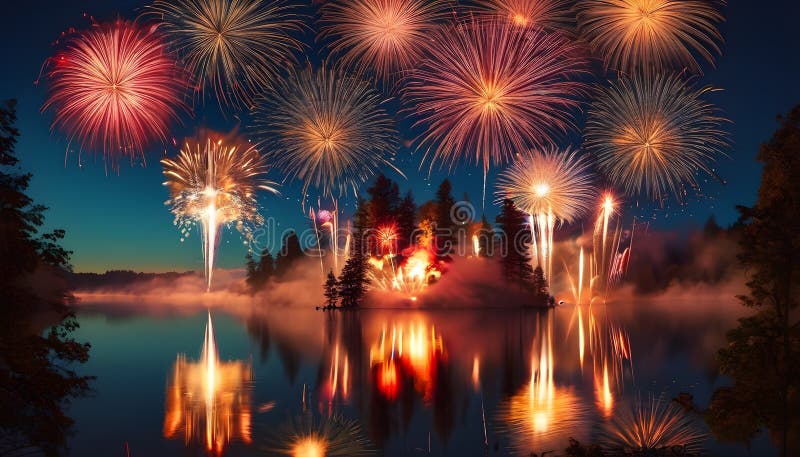 Fireworks over the Lake stock illustration. Illustration of park ...